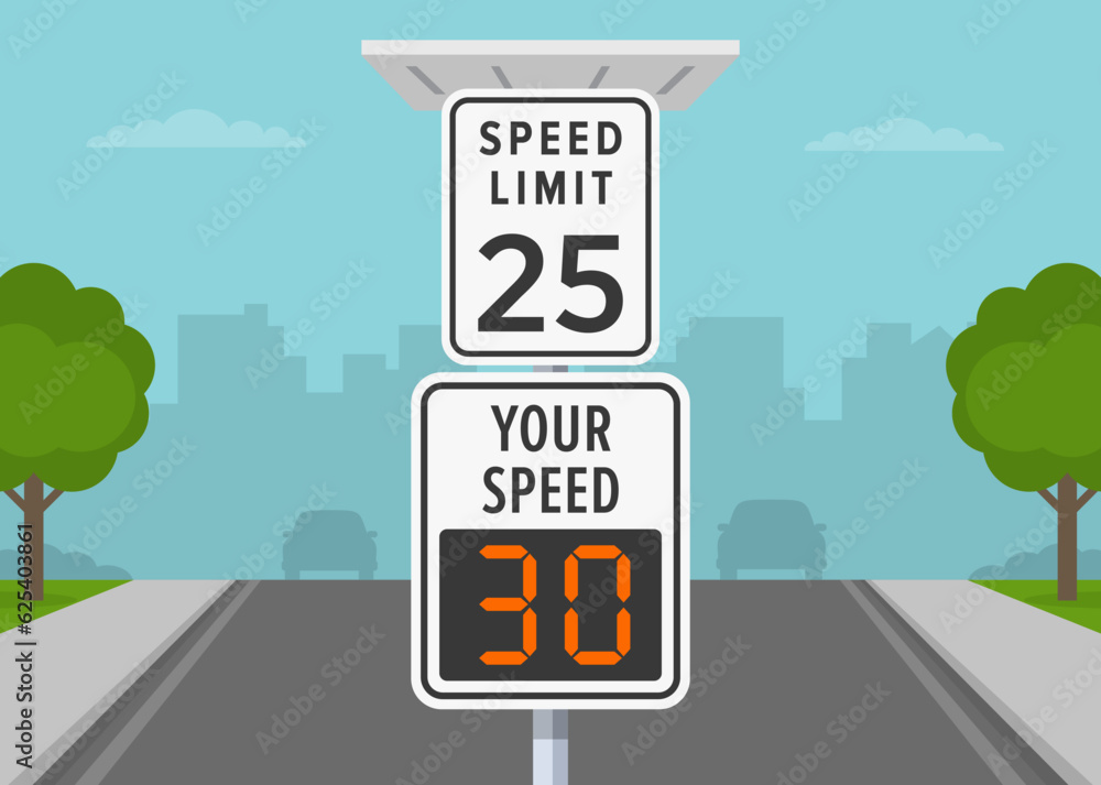 Close-up of speed limit and radar sign with solar panel. City road view ...