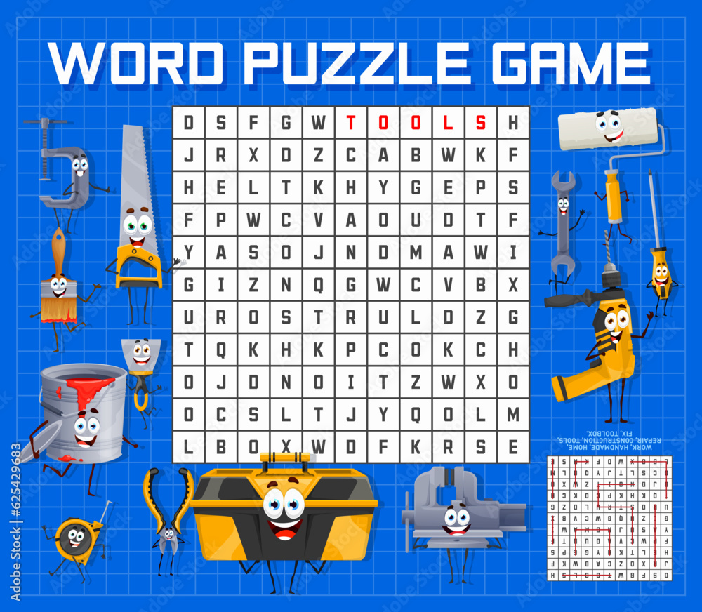 Word search puzzle game, cartoon repair, DIY and work tool characters ...