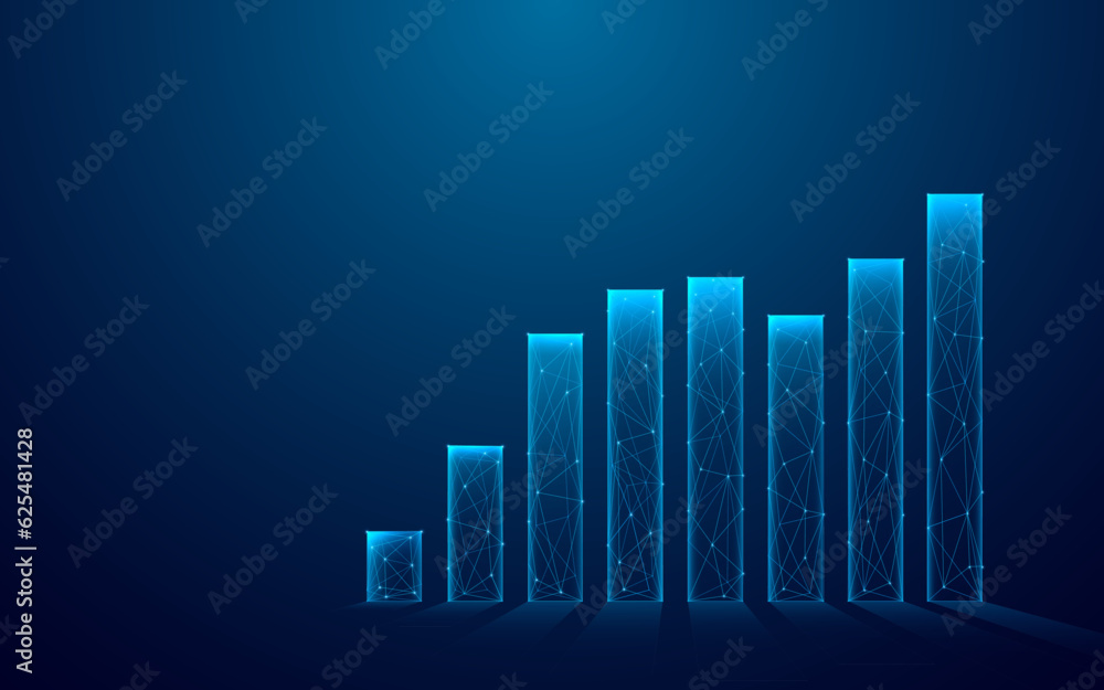Digital grow chart graph in blue on technological background. Low poly ...