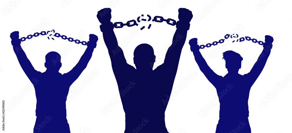 Group of men breaking chains in handcuffs, male hands and broken ...