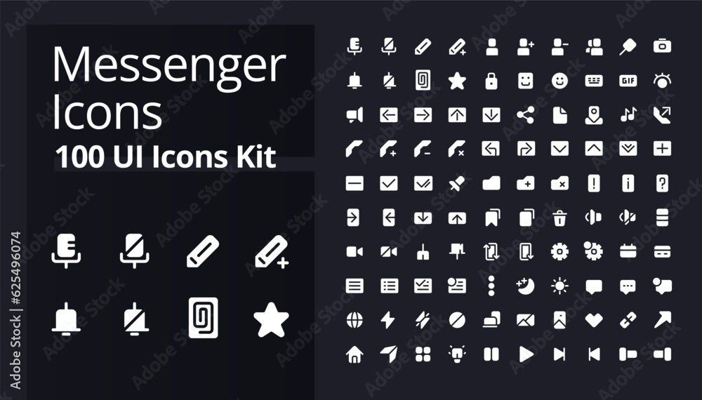 Messenger application white glyph ui icons kit for dark mode. App ...