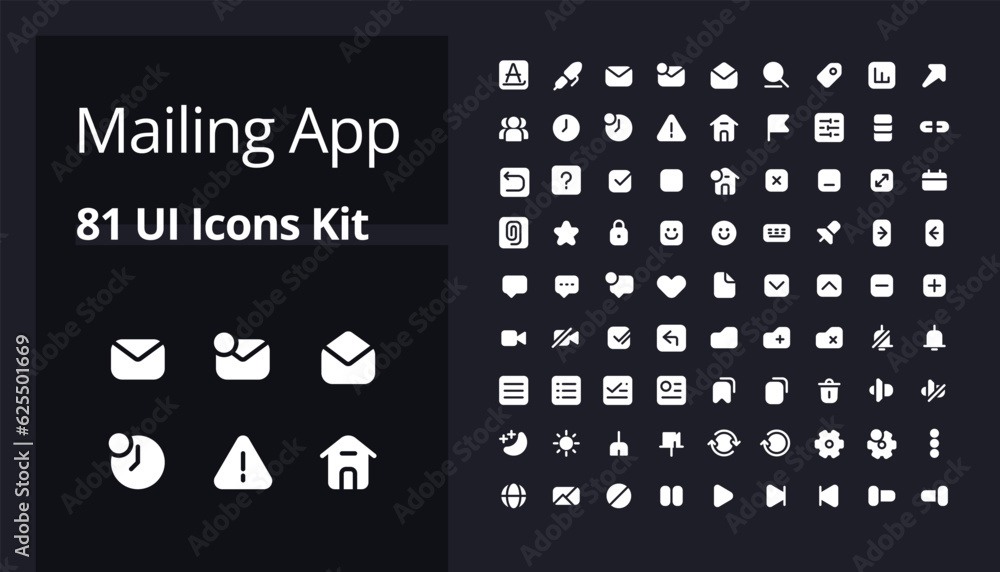 Mailing app white glyph ui icons kit for dark mode. Communication technology. Silhouette symbols ...