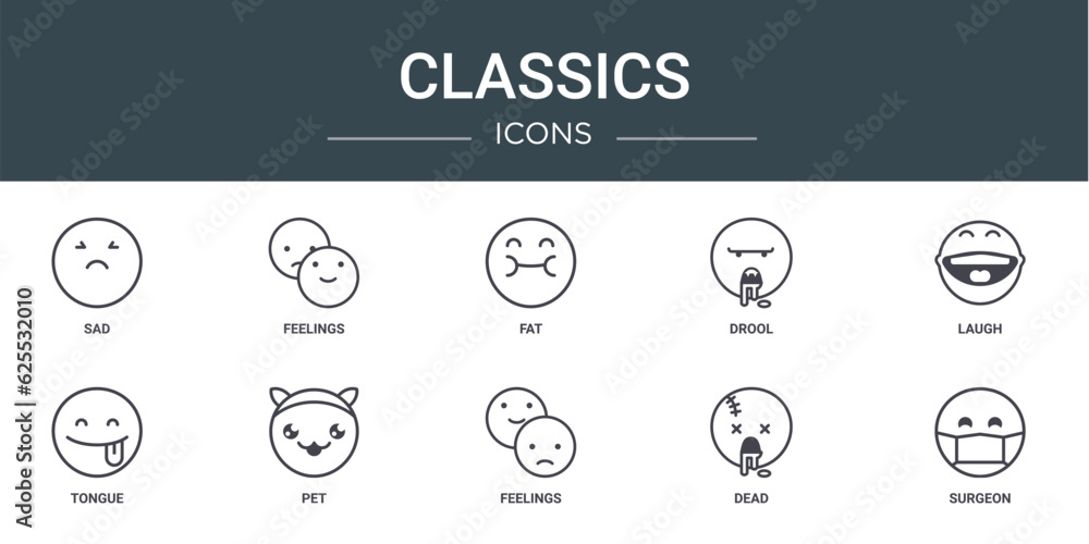 set of 10 outline web classics icons such as sad, feelings, fat, drool ...