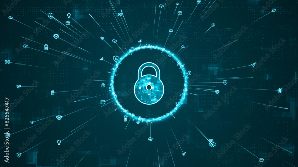 Blue digital security key logo and ring rotation around logo with ai ...