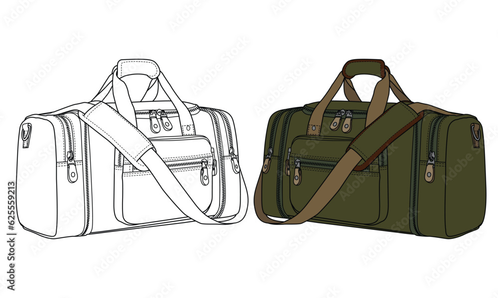 Set of Duffel bag, flat sketch fashion illustration drawing template ...