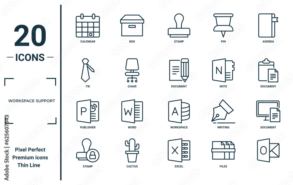 workspace support linear icon set. includes thin line calendar, tie, publisher, stamp ...