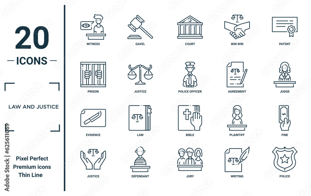 law and justice linear icon set. includes thin line witness, prison ...