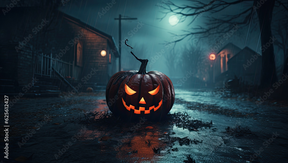 calabaza de halloween con cara terrorifica en el exterior con luna ...