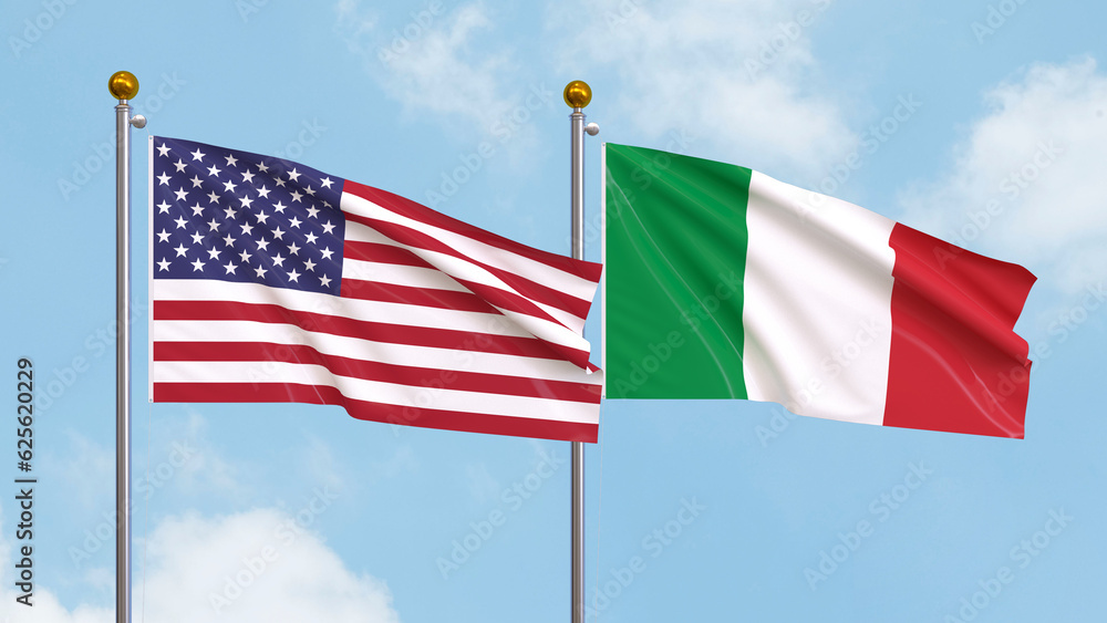 Waving flags of the United States of America and Italy on sky ...