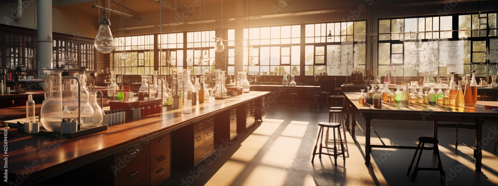 well-equipped laboratory interior with an array of glassware on the ...