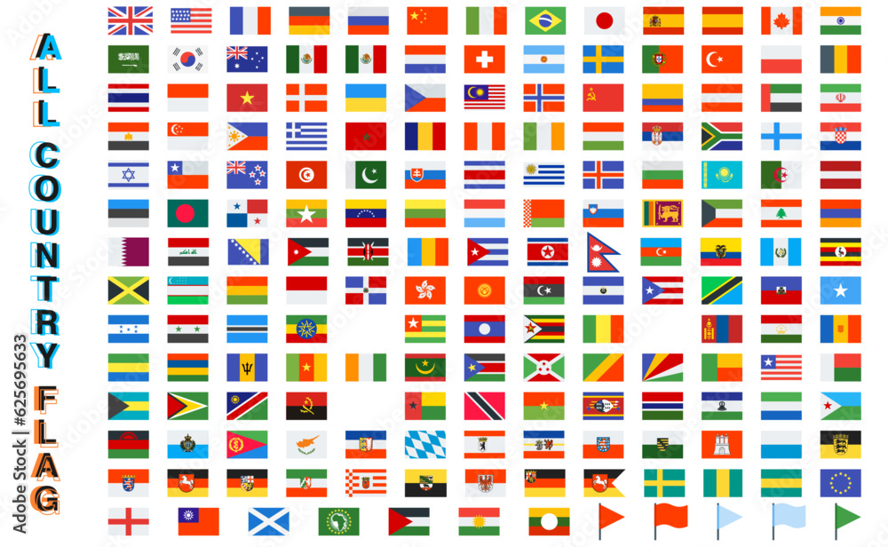 All world flags - vector set of rectangular icons. Flags of all countries.World national waving ...