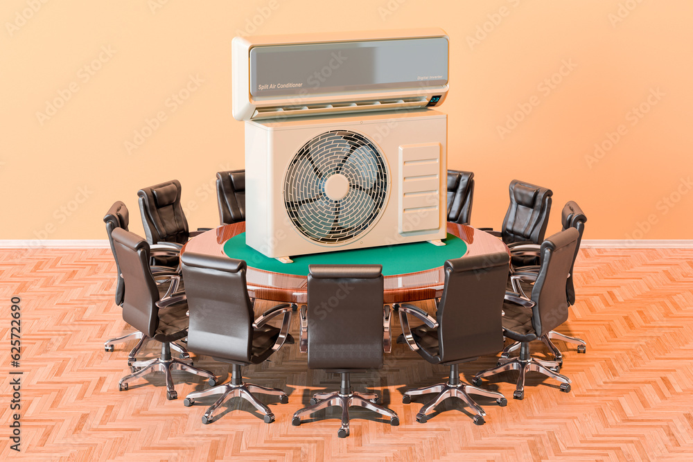 Round table with air conditioner and armchairs around, 3D rendering ...