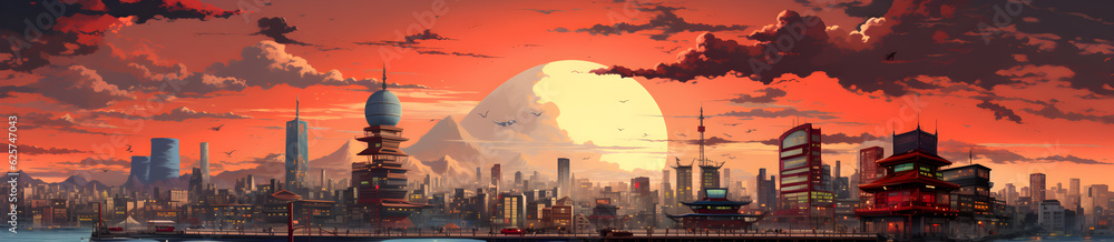 sunset Tokyo cartoon style ,Generative AI Stock Illustration | Adobe Stock