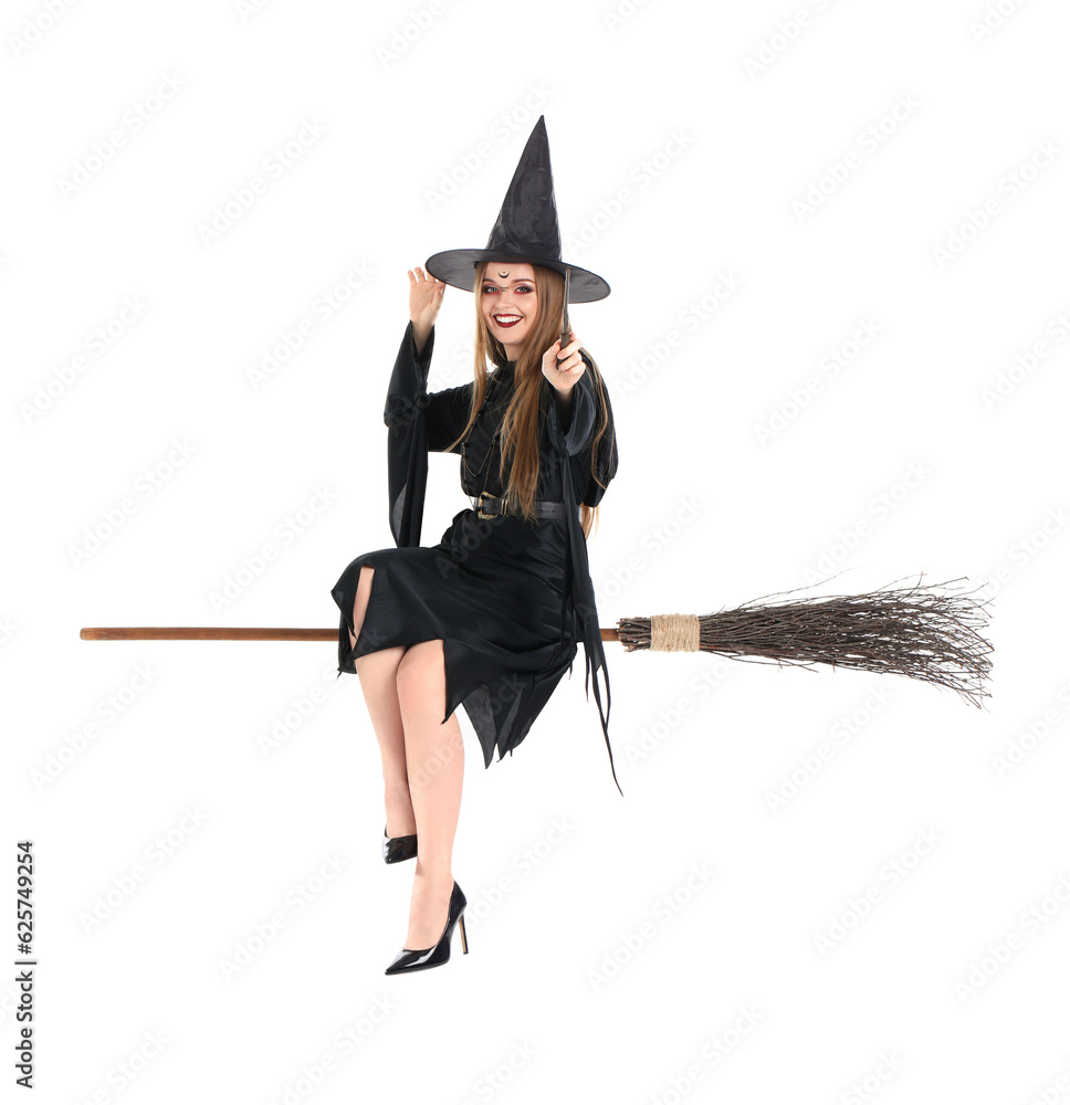 Beautiful young witch sitting on broom against white background Stock ...