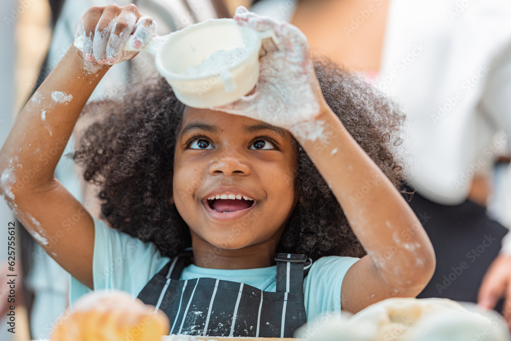 african afro black daughter kids sifting flour powder and sprinkling ...