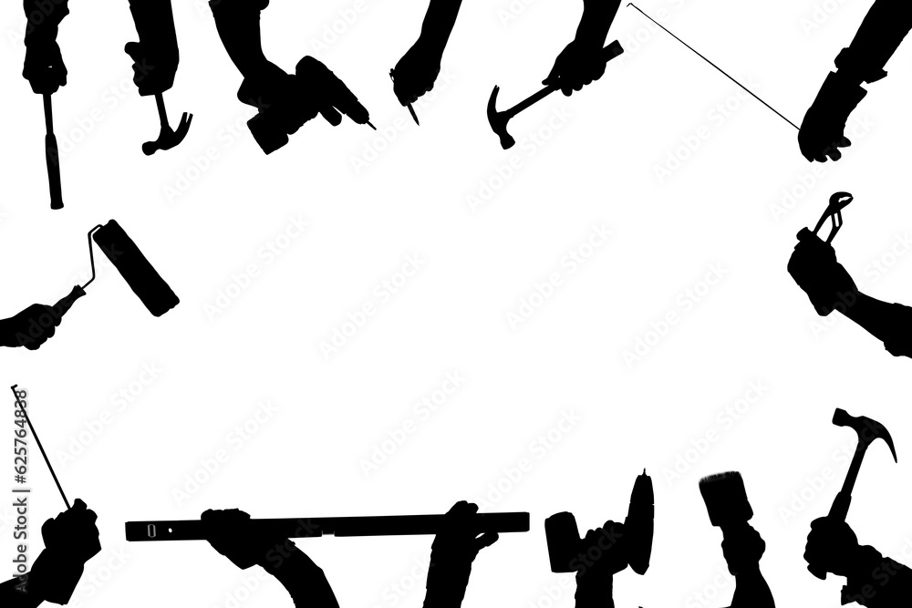 Digital png illustration of black silhouette of hands holding tools on ...