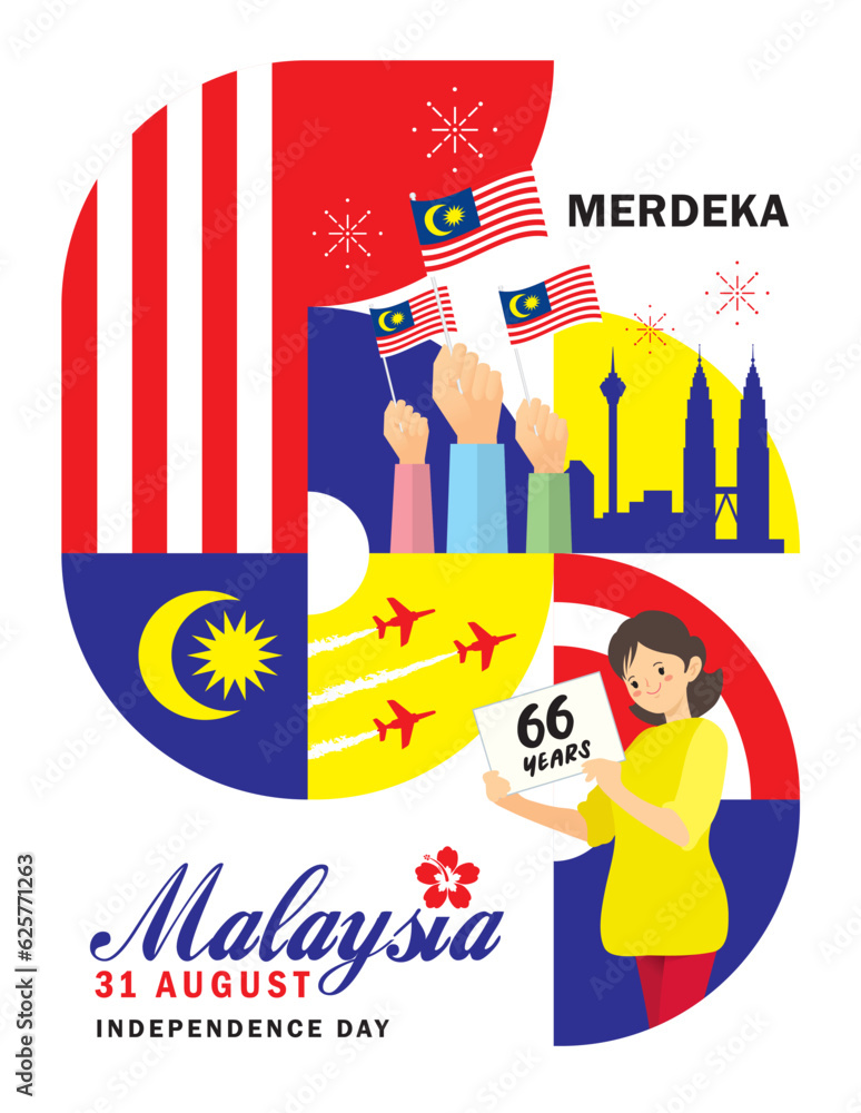 31 August - Malaysia Independence Day greeting poster. Number 66 with ...
