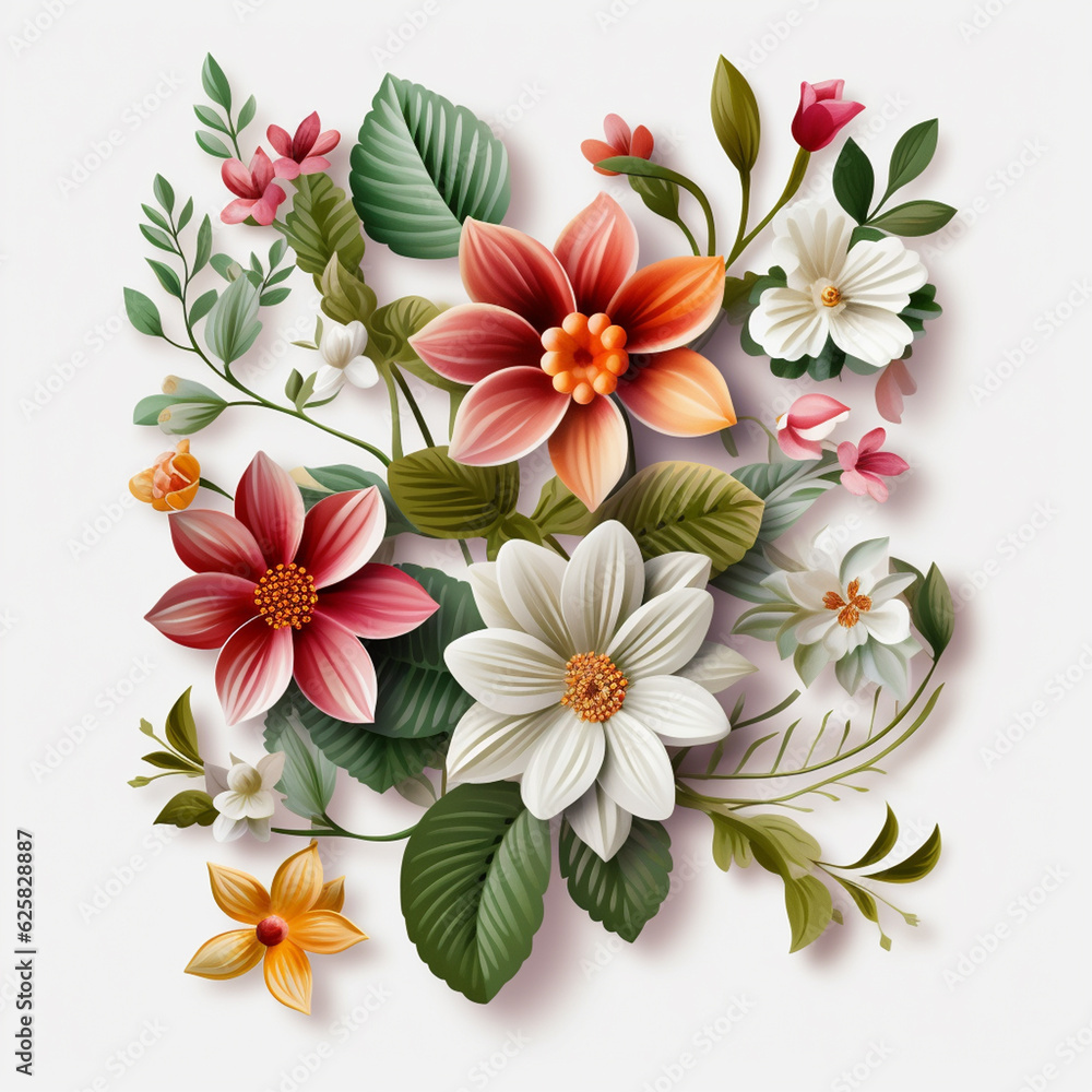 3D Botanical flowers clipart white background Stock Illustration ...