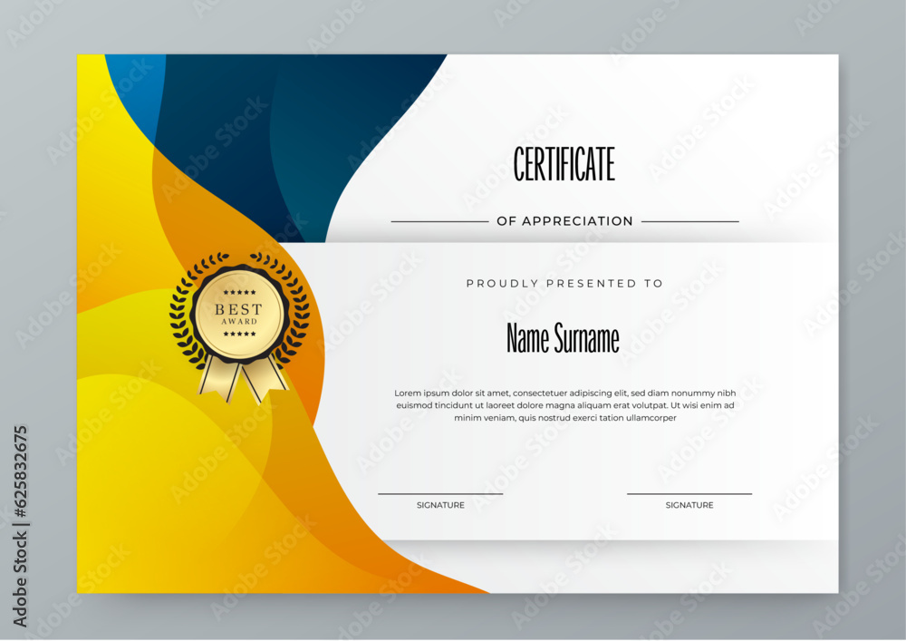 Certificate template with geometry frame and gold badge. White ...