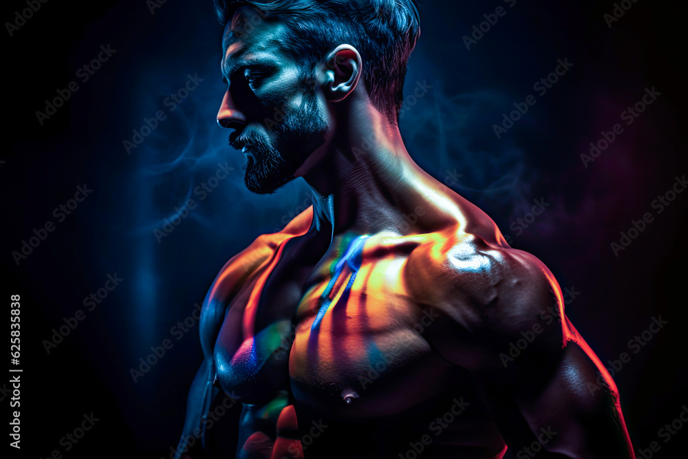 Sportive man bodybuilder is posing in the colorful neon light with ...