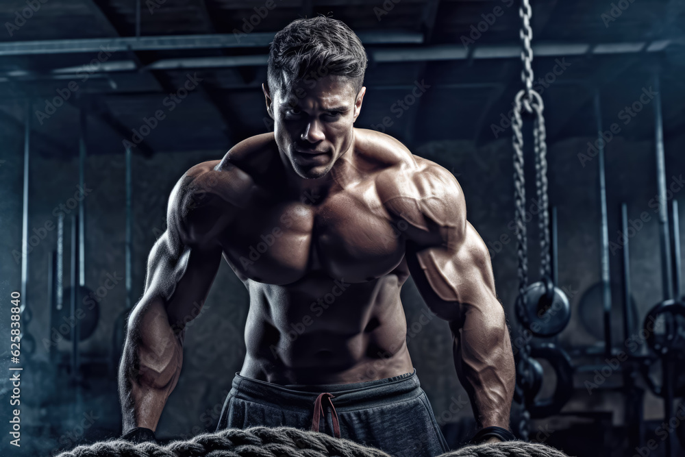 Muscular man working out in gym doing exercises, strong male naked torso abs. Ai generated ...