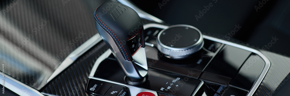 The gearbox lever and center console of the new BMW M2 Coupe. The ...