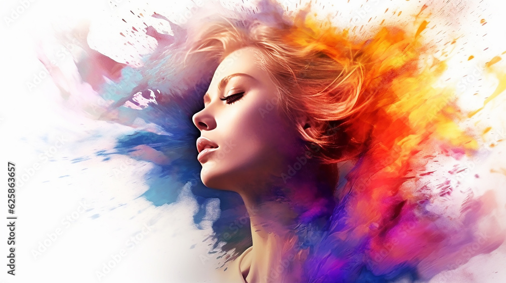 Women faces watercolor illustration, horizontal copy space on pastel ...