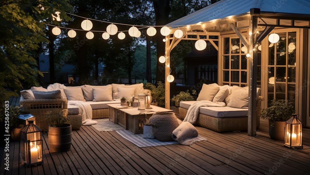 Summer evening on the patio of beautiful suburban house with lights in ...