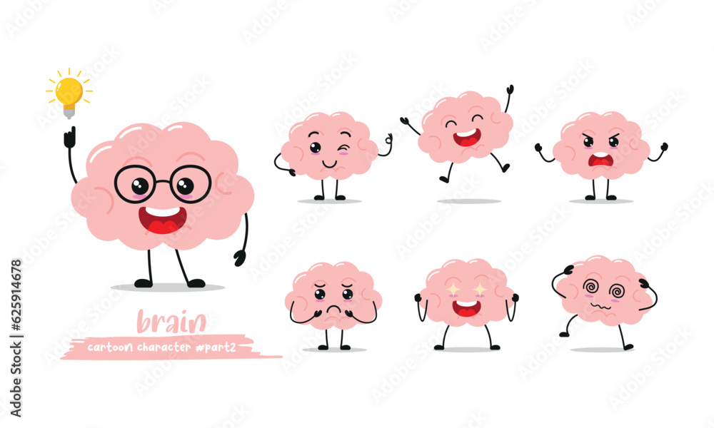 cute brain cartoon with many expressions. different activity pose ...