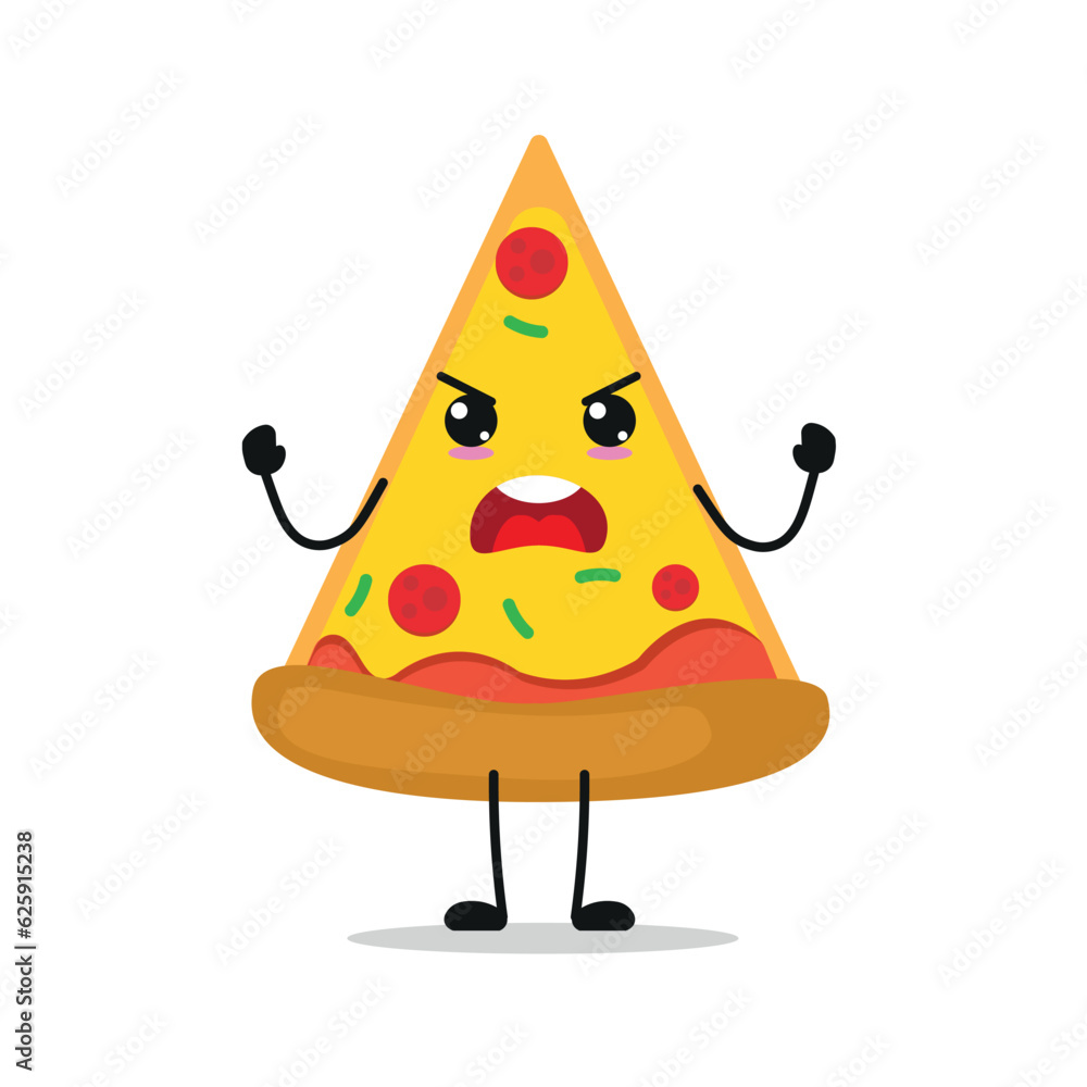 Cute angry pizza character. Funny furious pie cartoon emoticon in flat ...