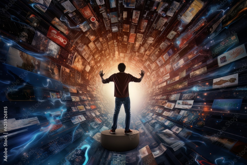 a person being pulled into a swirling vortex of social media icons ...