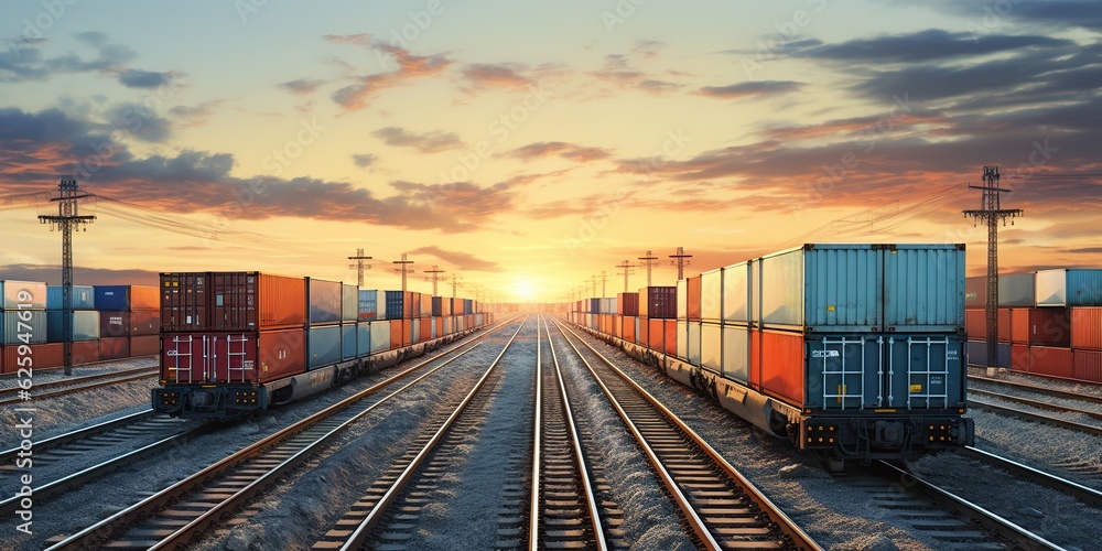 railway track with a string of container trains, highlighting the ...