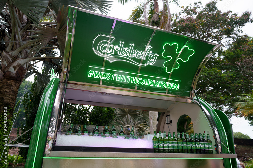 PENANG, MALAYSIA - 3 JUNE 2023: A modern design of Carlsberg's beer ...