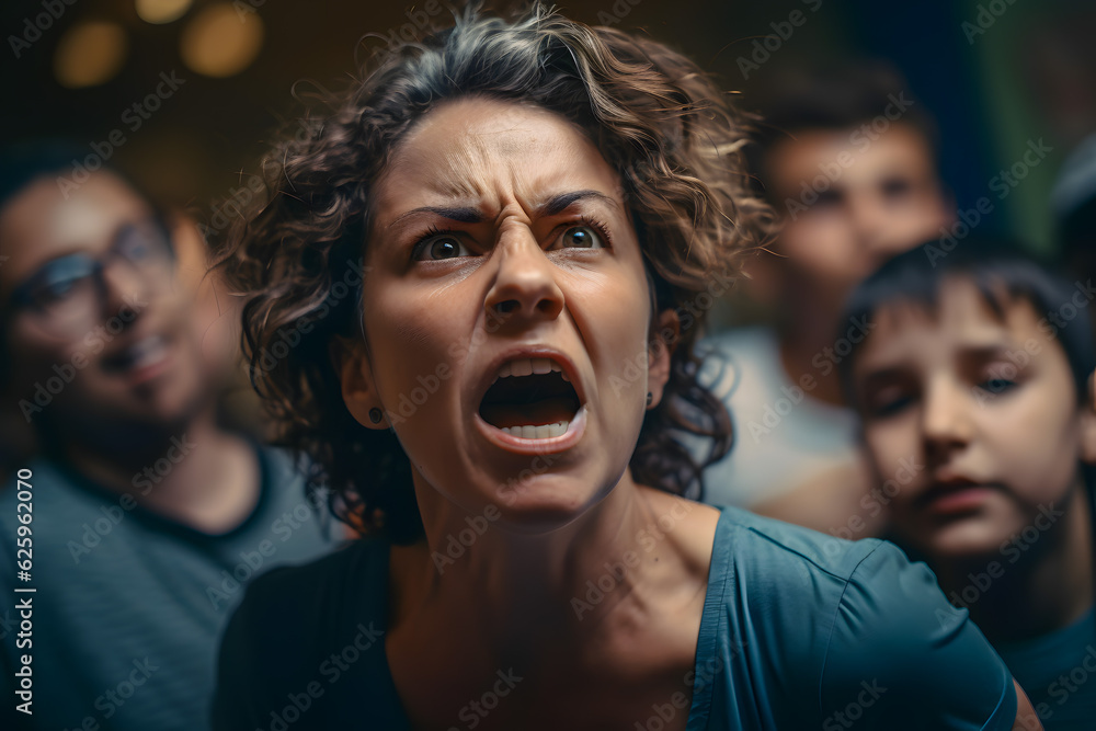 Educational concept theme, portrait of the angry teacher woman yells at ...