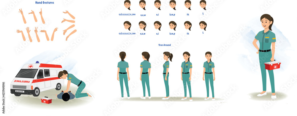 Set of paramedic character design. Character Model sheet. Front, side ...
