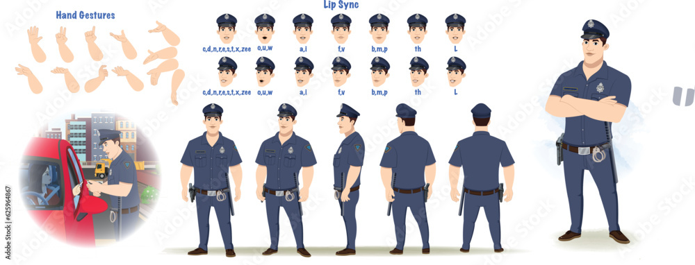 Set of police, cop design. Character Model sheet. Front, side, back view animated character ...