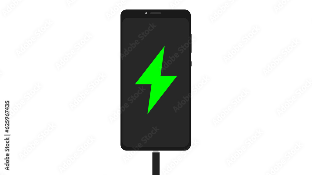 2d vector phone with black screen and charging icon connected to ...