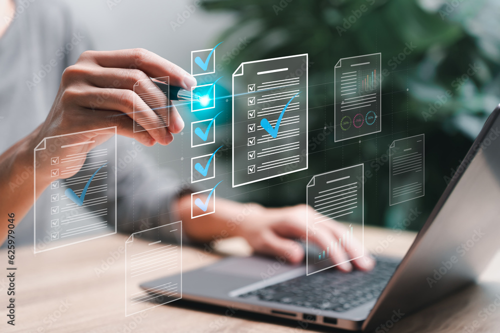 Document management concept, Businesswomen check electronic documents ...