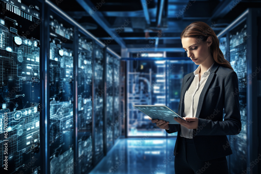 Data Center Female Programmer Using Laptop Computer, Maintenance IT Specialist. In Cloud ...