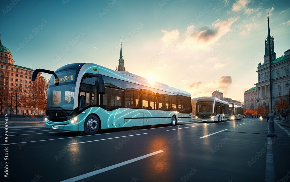 A fleet of electric buses on city streets, emphasizing the transition ...