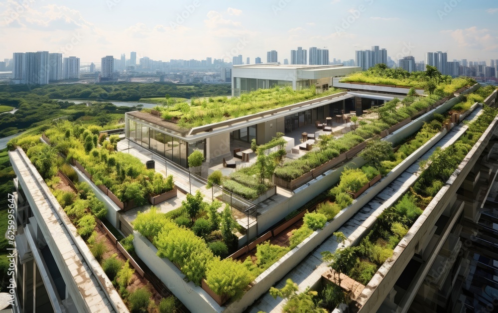 Rooftop Garden. A green rooftop garden on a commercial building ...