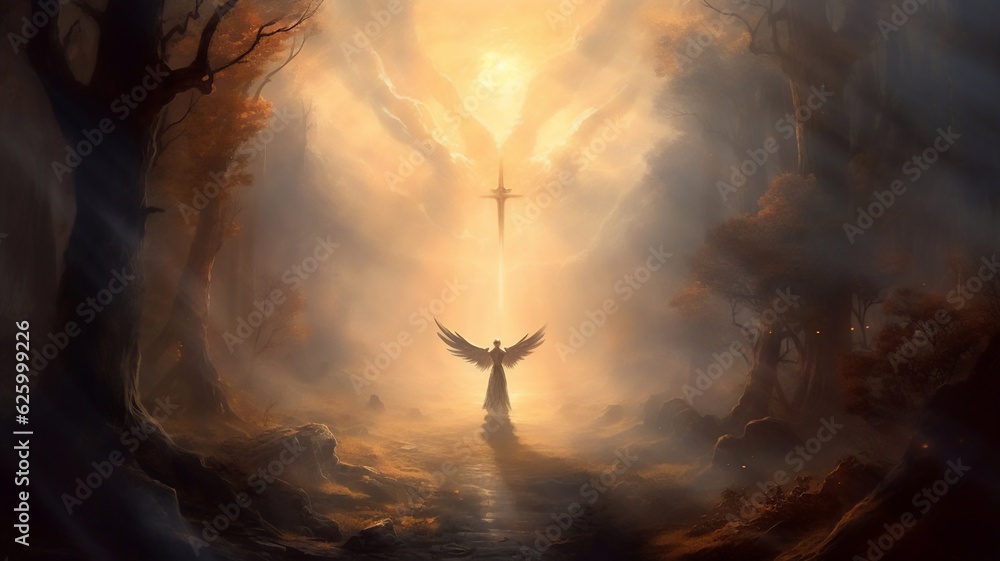An angel with a battle sword in his hand descends from heaven to earth ...
