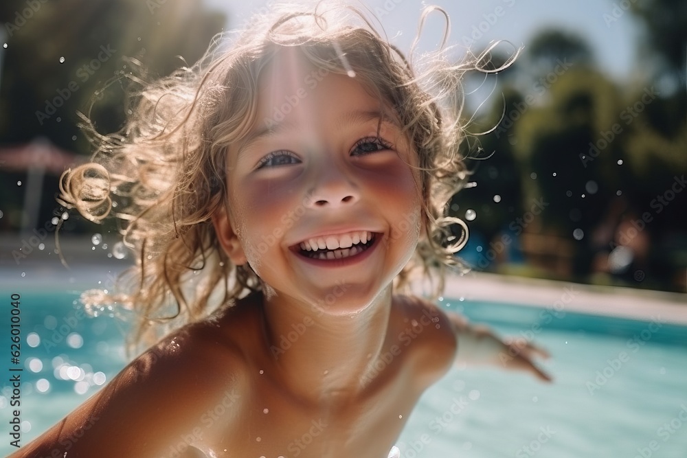 Portrait of a smiling little girl splashing in the pool. Stock Photo ...