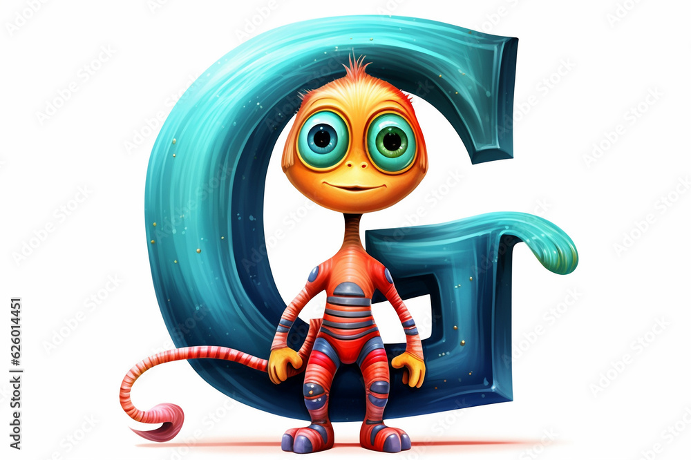 Colorful alien alphabet, uppercase letter G isolated on white ...