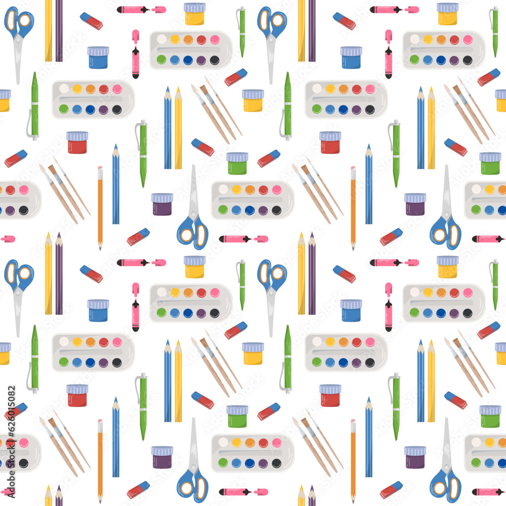 Vector childish seamless pattern with school supplies on a white ...