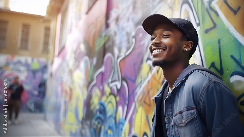 Young black man street artist portrait. Handsome man leans against of ...