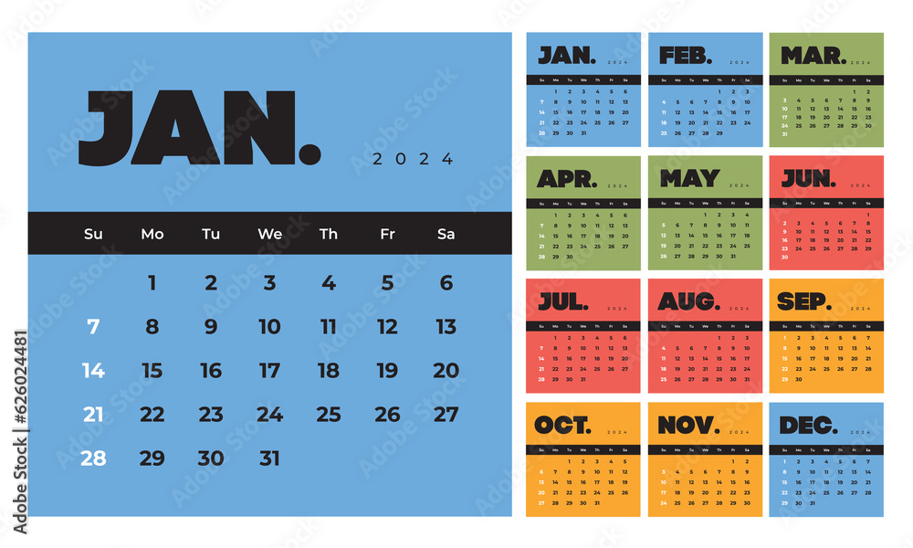 Colorful retro style monthly calendar template for 2024 year. English ...