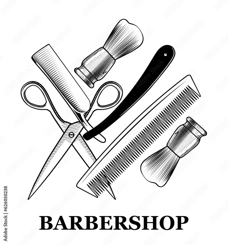 Barber shop. A collection with a crossed razor, scissors and other ...