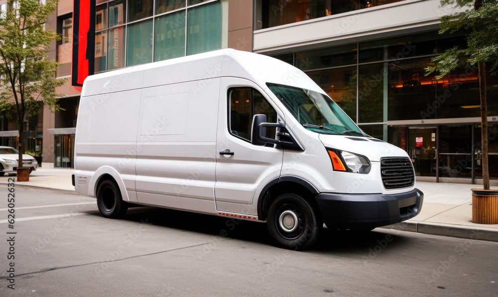 Van on the city road. Commercial delivery truck in action. Mock-up for ...