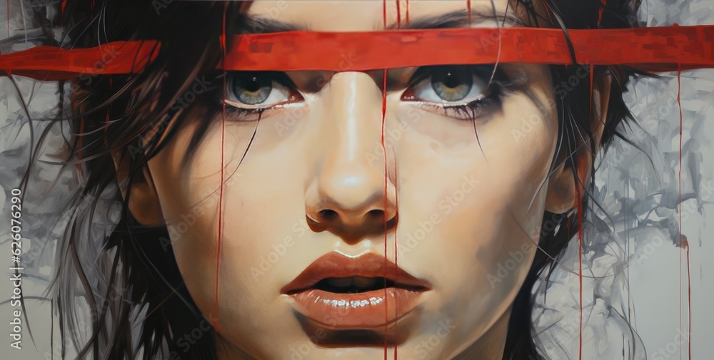 Feminist woman restricted by blood red banner. Concept on the topic of ...